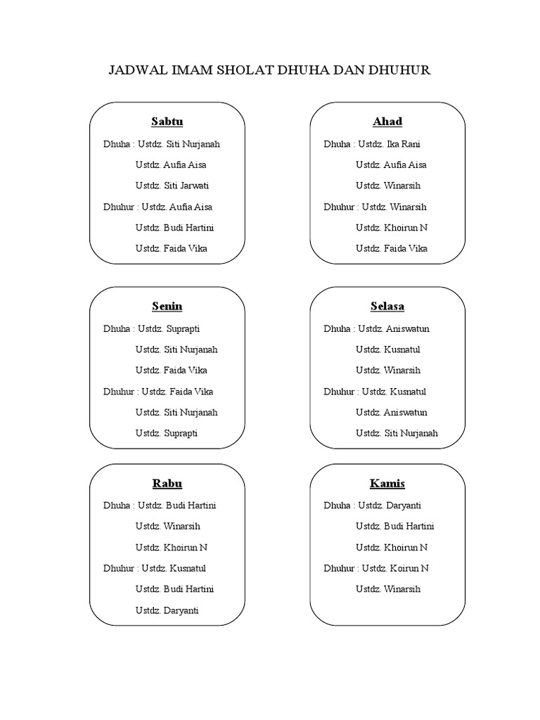 Jadwal Imam Sholat Dhuha Dan Dhuhur | PDF