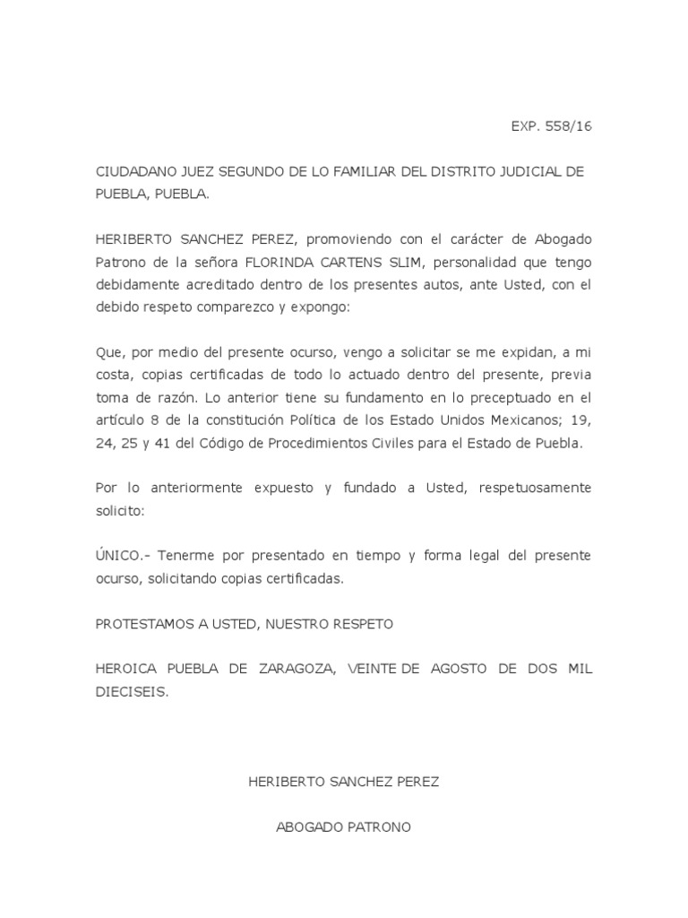 Formato De Escrito Solicitando Copias Certificadas Pdf