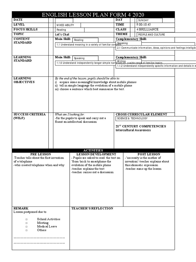 English Lesson Plan Form 4 2020: Let's Chat | PDF | Lesson Plan ...