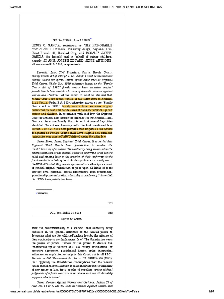 Jesus Garcia vs. Hon. Ray Allan Drilon (G.R. No. 179267, 25 June 2013) | PDF | Restraining Order ...