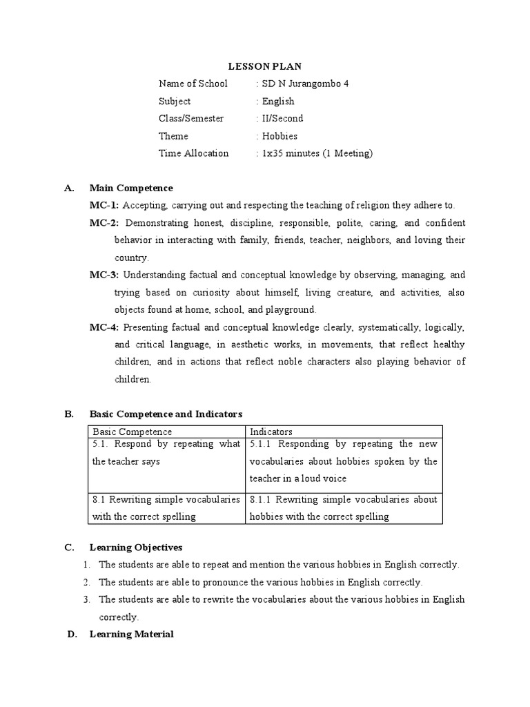 Grade 2 Hobbies Lesson Plan | PDF | Vocabulary | Teachers