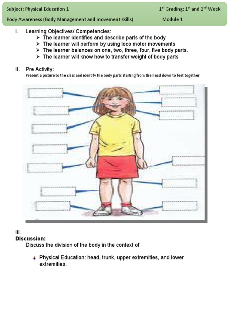 P.E Week 1 Module 1 Grade 1 | PDF | Foot | Physical Education
