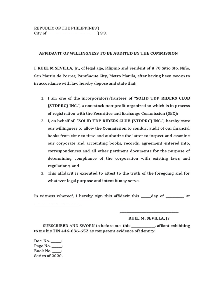 Affidavit of Willingness STDPRC | PDF