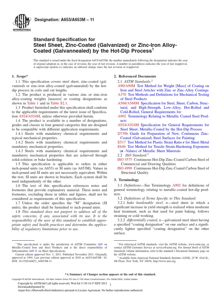 ASTM A653-Standard Specification For Steel Sheet, Zinc-Coated (Galvanized) or Zinc-Iron Alloy ...