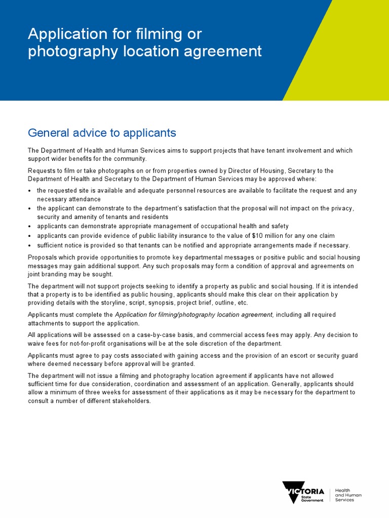 Application For Filming or Photography Location Agreement: General ...