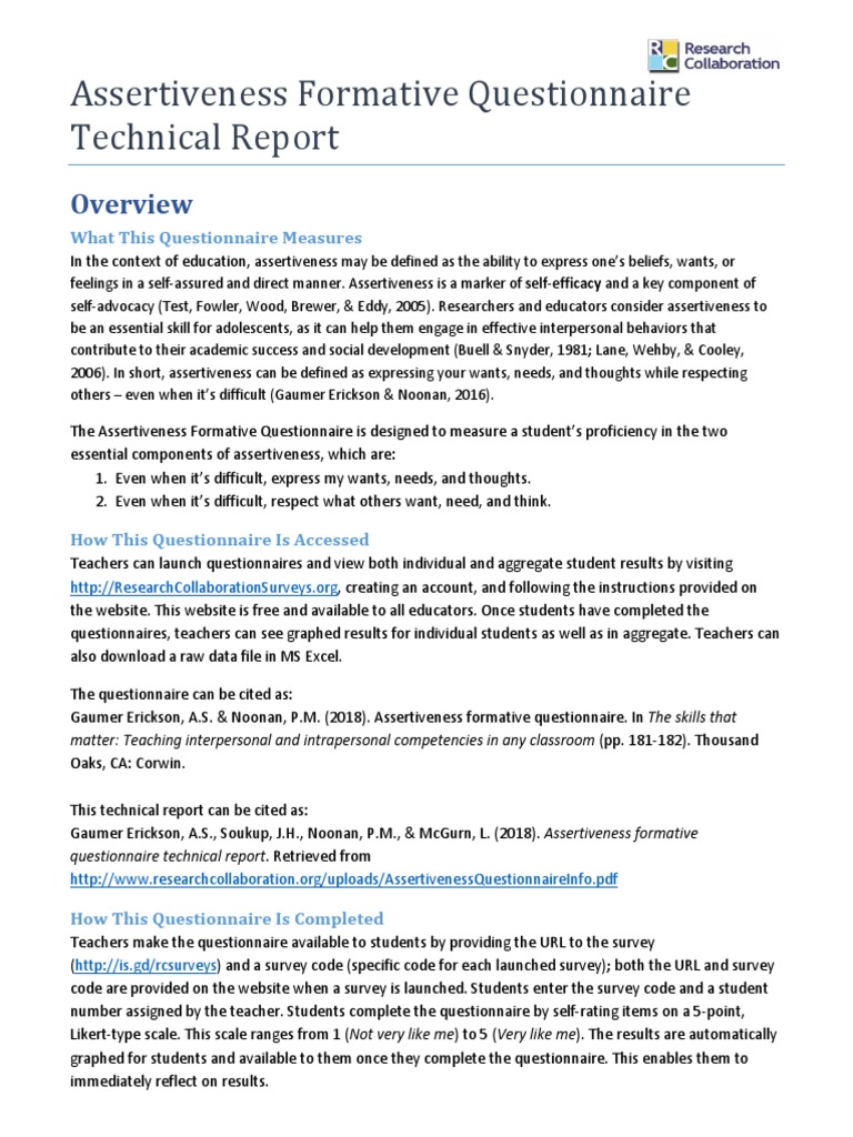 Assertiveness Formative Questionnaire Technical Report: What This ...