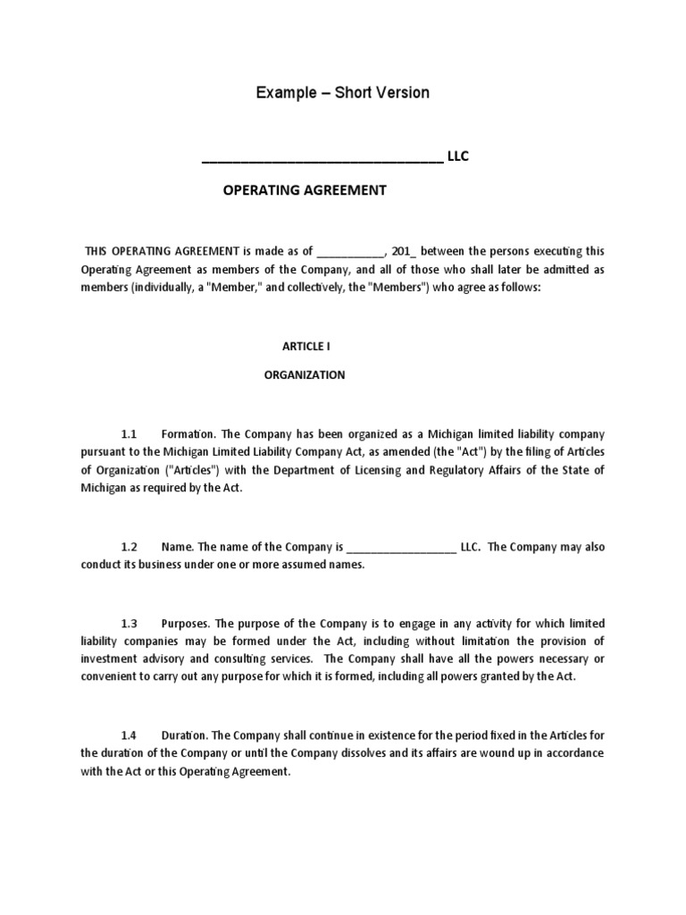 LLC Operating Agreement: Example - Short Version | PDF | Bankruptcy ...