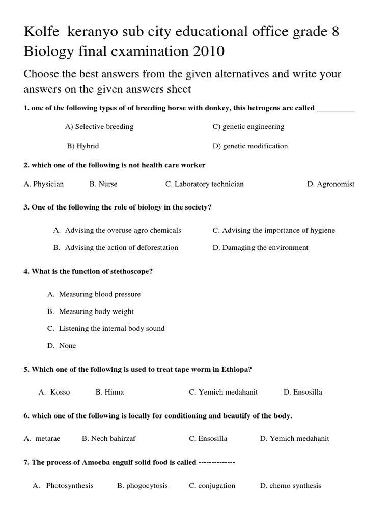 Kolfe Keranyo Sub City Educational Office Grade 8 Biology Final Examination 2010 | PDF | Sex ...