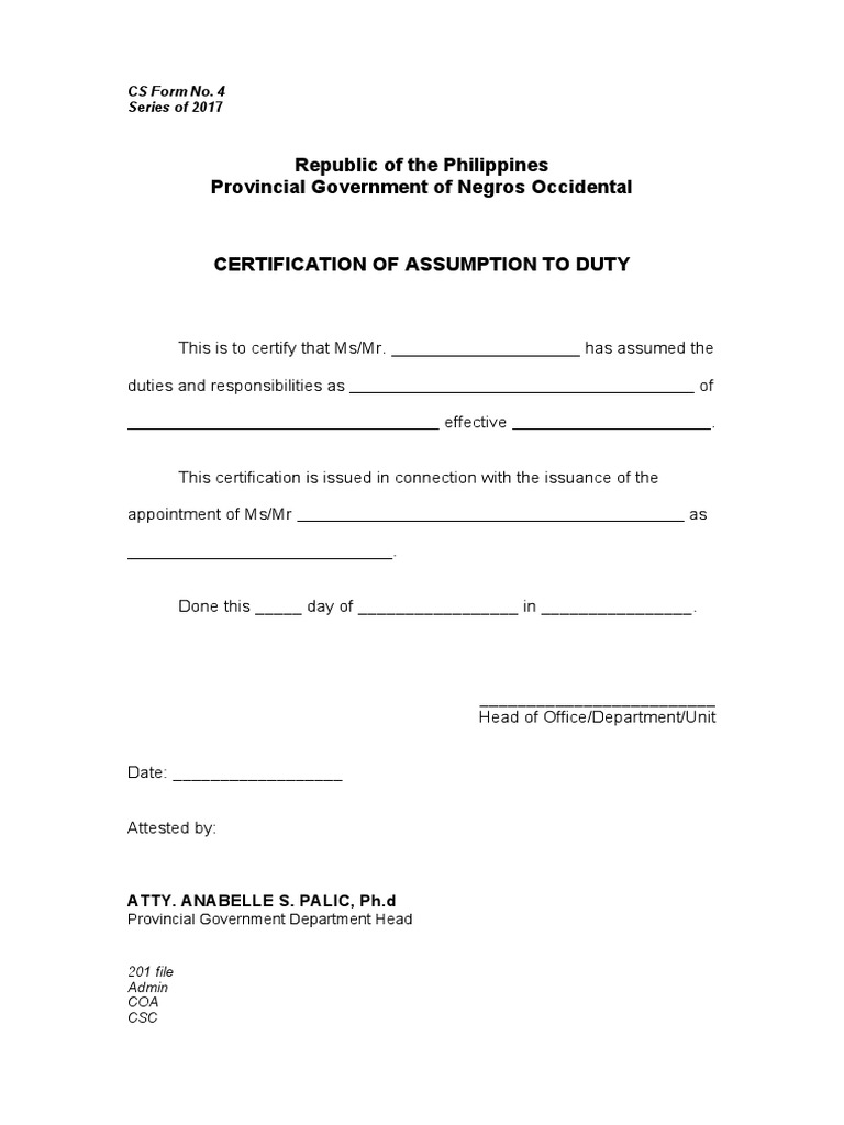 CS Form No. 4 Certification of Assumption To Duty | PDF