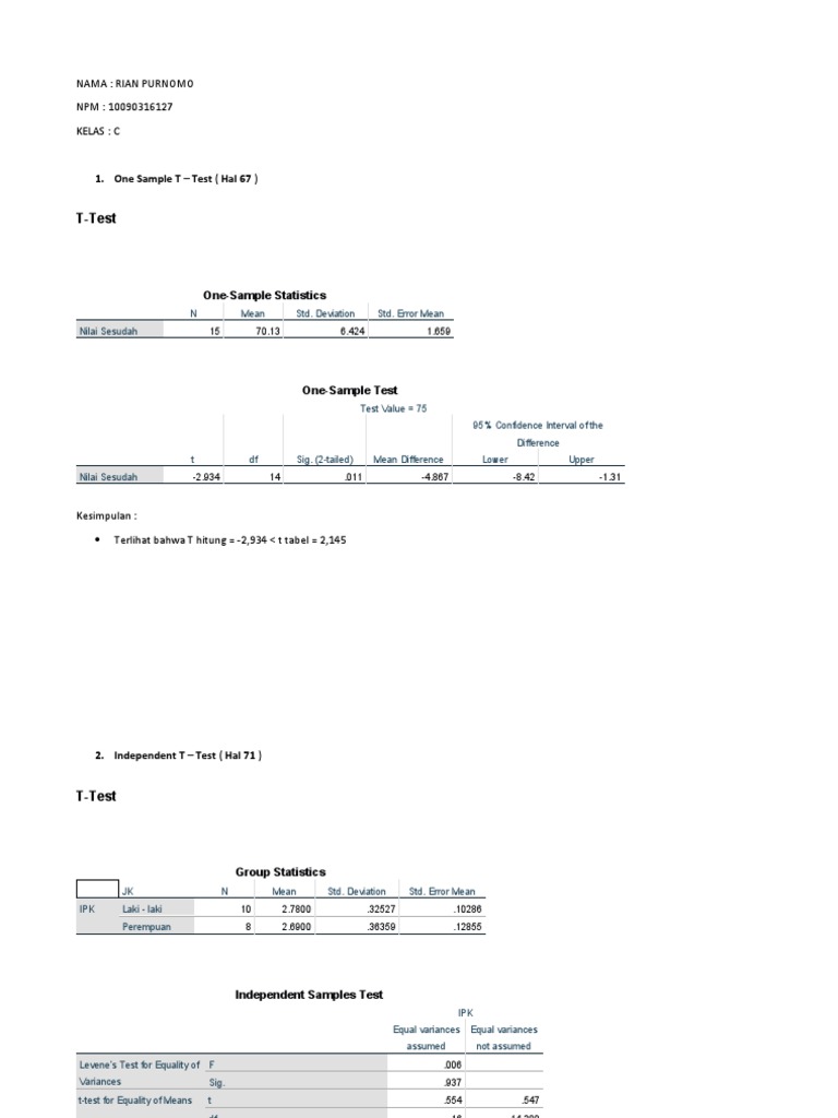 T-Test: Nama: Rian Purnomo NPM: 10090316127 Kelas: C | PDF | Student's ...