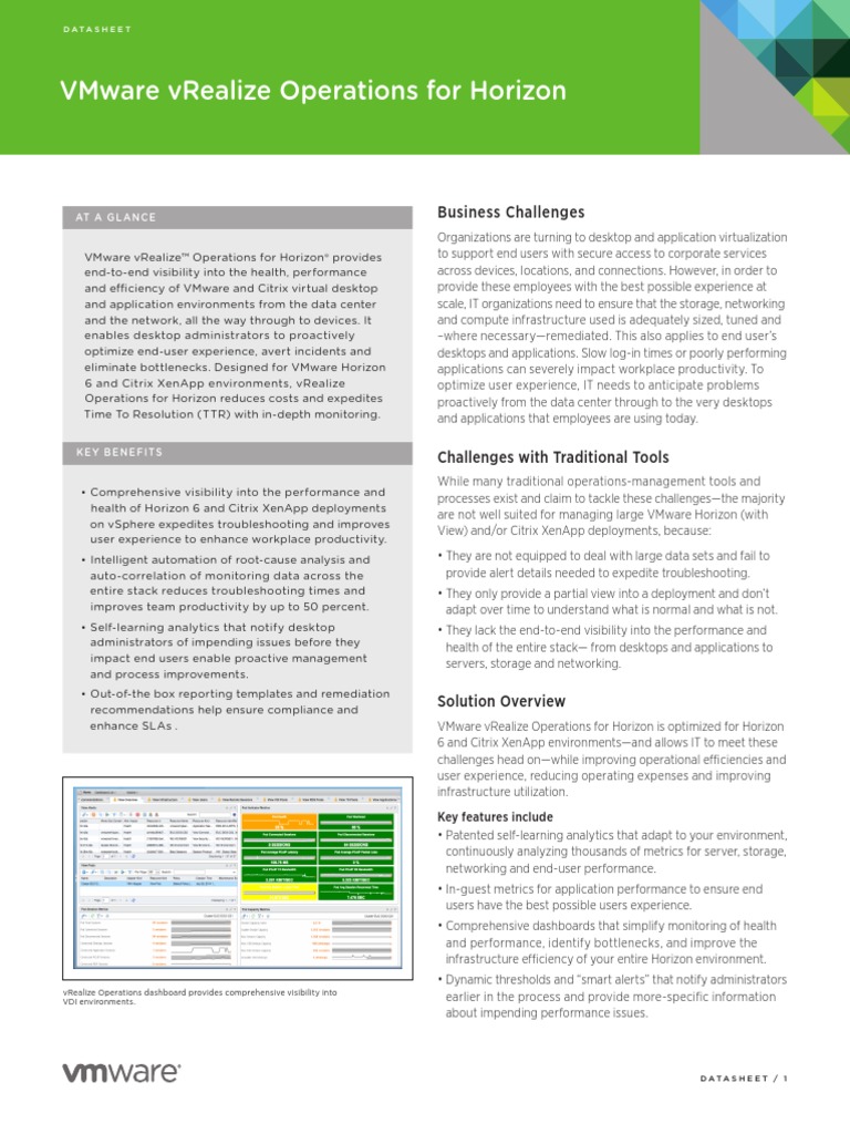 Vrealize Operations For Horizon Datasheet | PDF | Citrix Systems | Computing