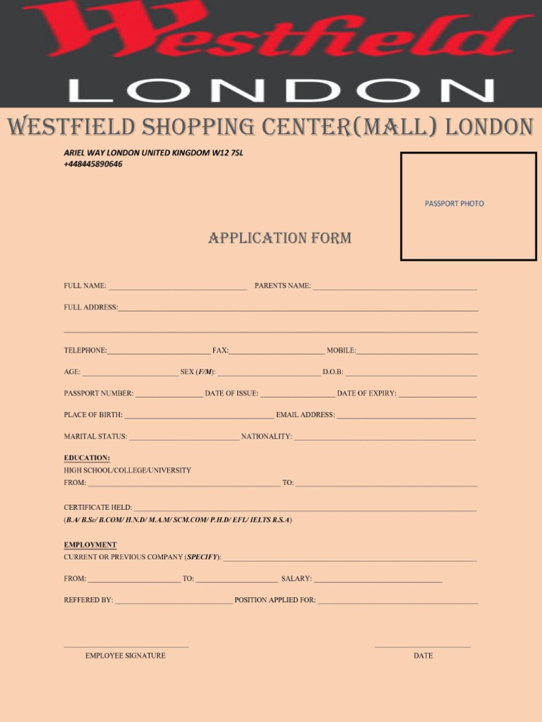 Westfield London (Shopping Mall) Interview and Application Form | PDF