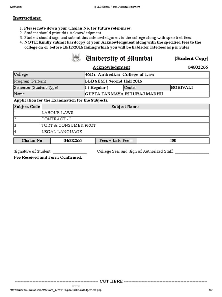LLB Exam Form Acknowledgment | PDF | Civil Law (Legal System) | Private Law