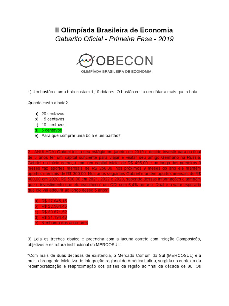 OBECON 2019 1 Fase Prova Com Gabarito PDF | PDF | Inflação | Moeda