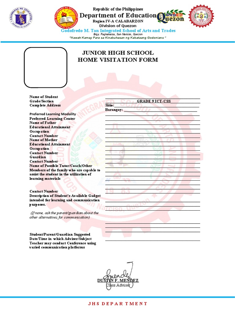 Department of Education: Junior High School Home Visitation Form | PDF ...