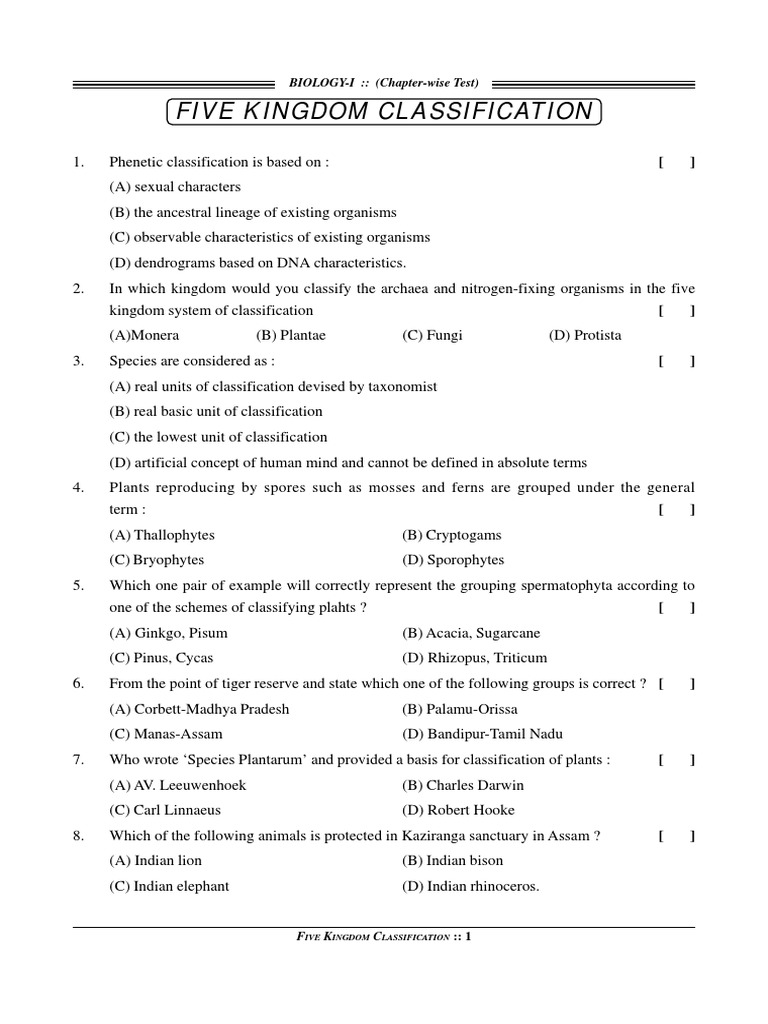 Five Kingdom Classification: BIOLOGY-I:: (Chapter-Wise Test) | PDF ...