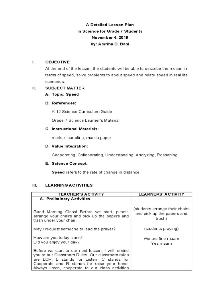 Grade 7 Science Lesson Plan on Speed | PDF | Speed | Norm (Mathematics)
