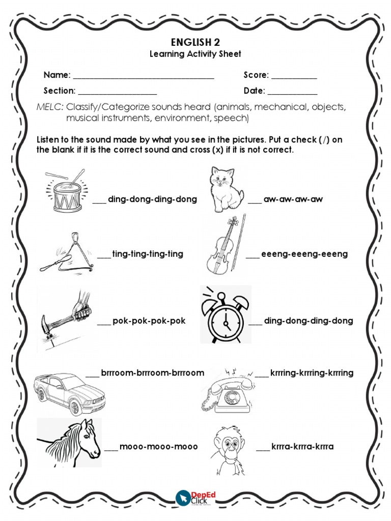 Grade 2 ENGLISH Activity Sheets Q1 | PDF | Sound | Hearing