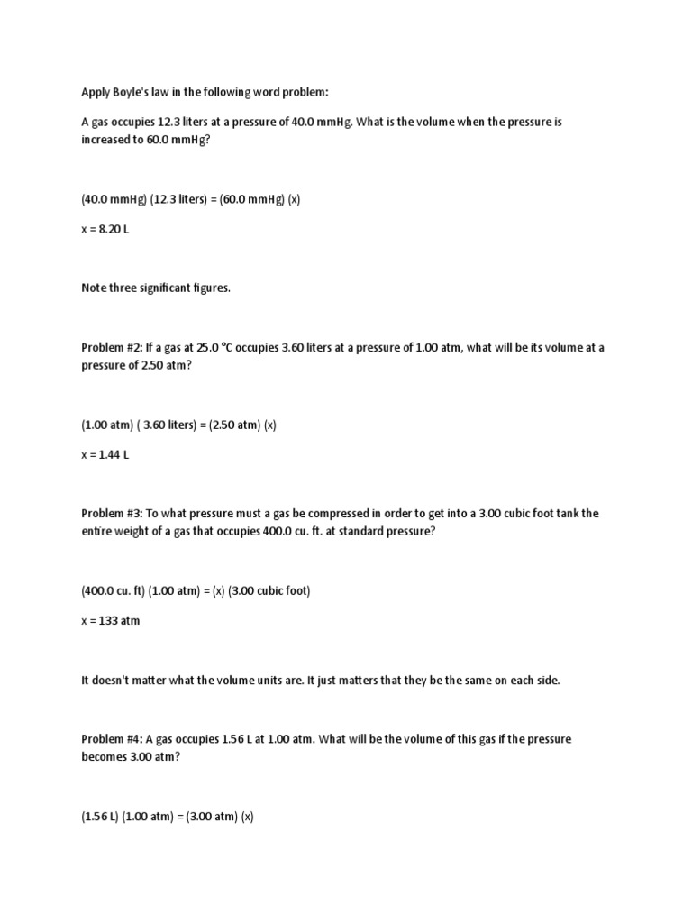 Apply Boyle's Law Word Problem | PDF | Litre | Gases