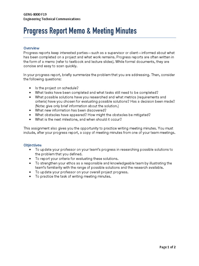 Progress Report Memo and Meeting Minutes Assignment - F19 35 | PDF ...