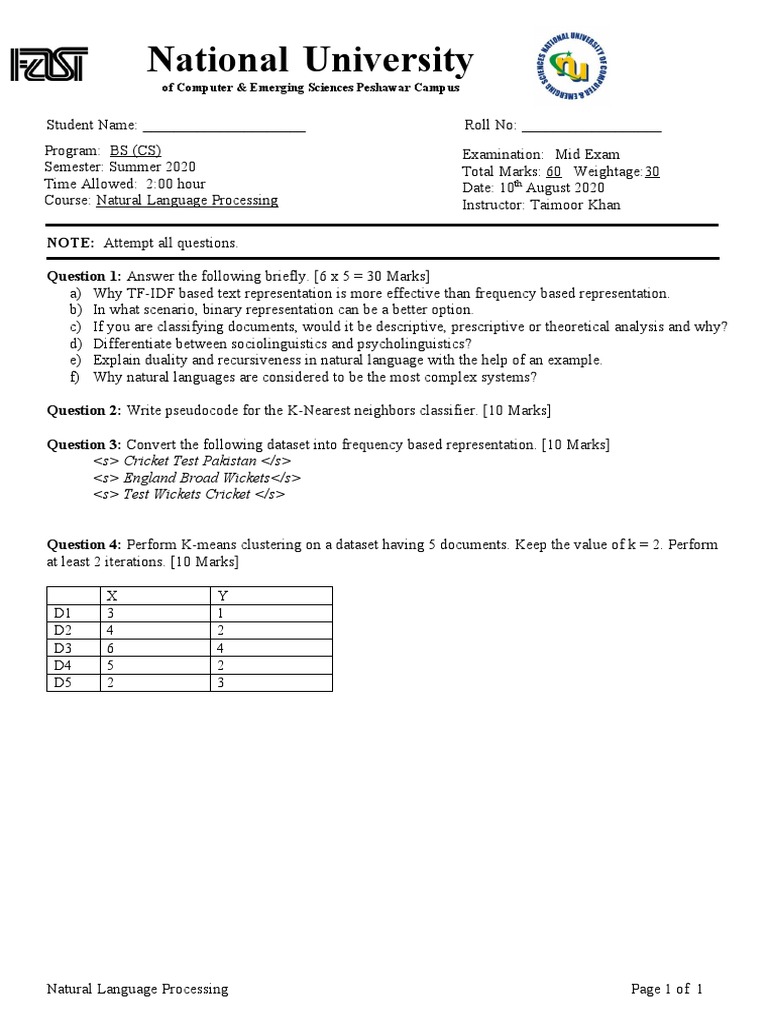 NLP Midexam Summer2020 | PDF