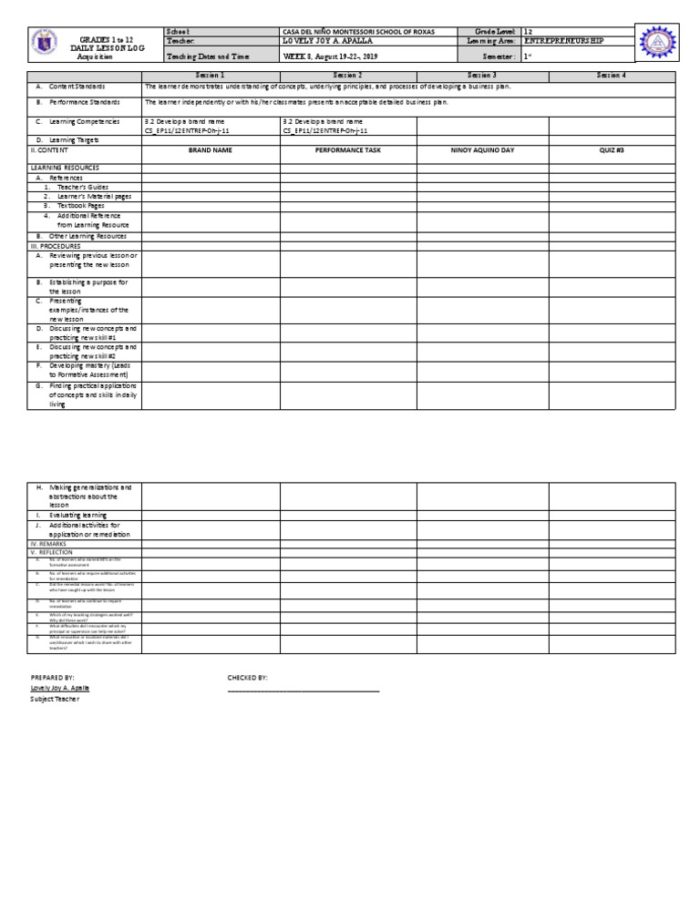 Grade 11 DLL Entreo Q1 Week 8 | PDF | Teachers | Learning
