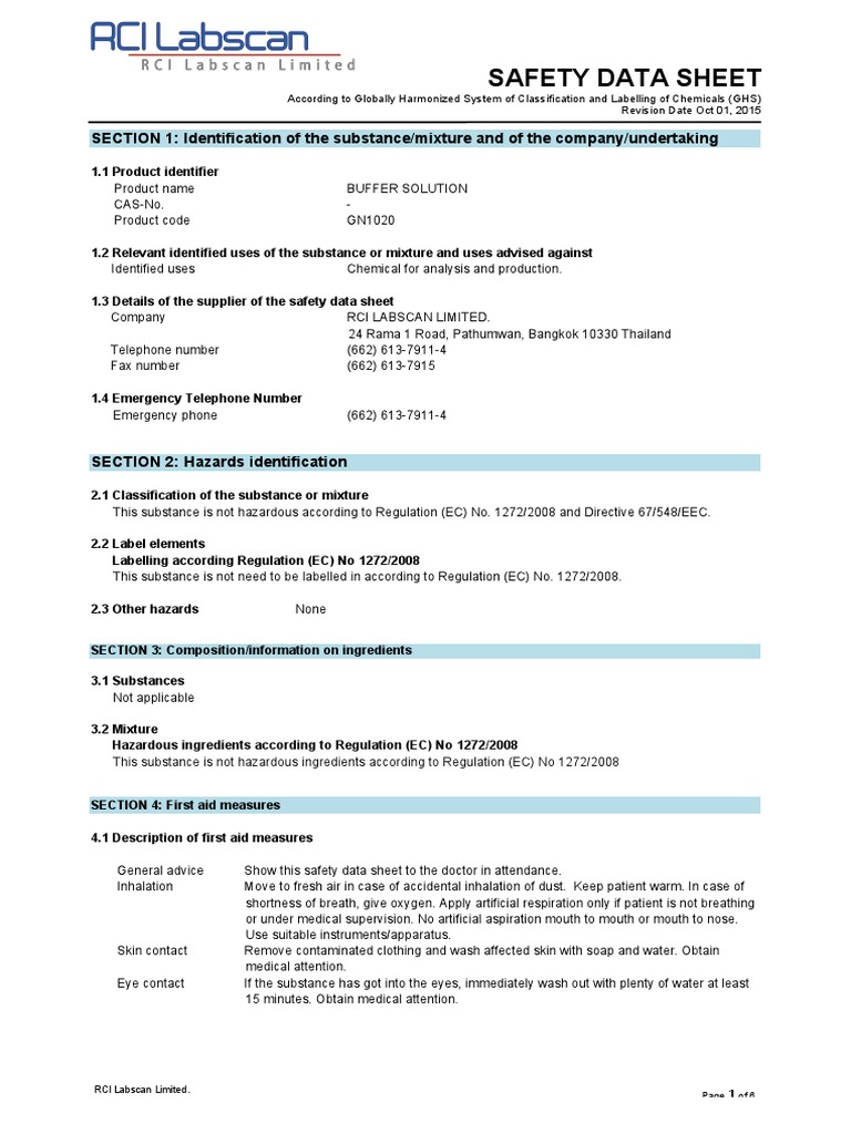 Buffer Solution Sds | PDF | Toxicity | Dangerous Goods