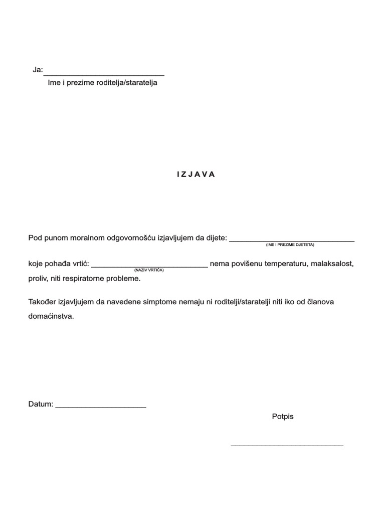 Izjava Za Vrtiće PDF | PDF