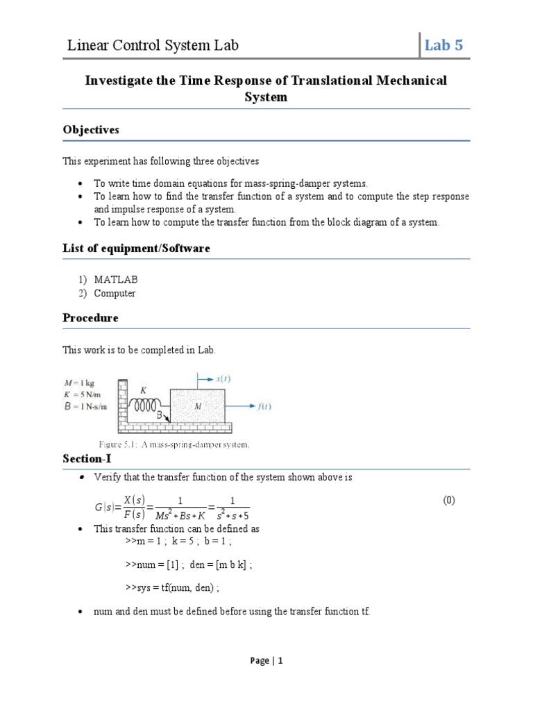 Linear Control System Lab: Investigate The Time Response of Translational Mechanical System ...