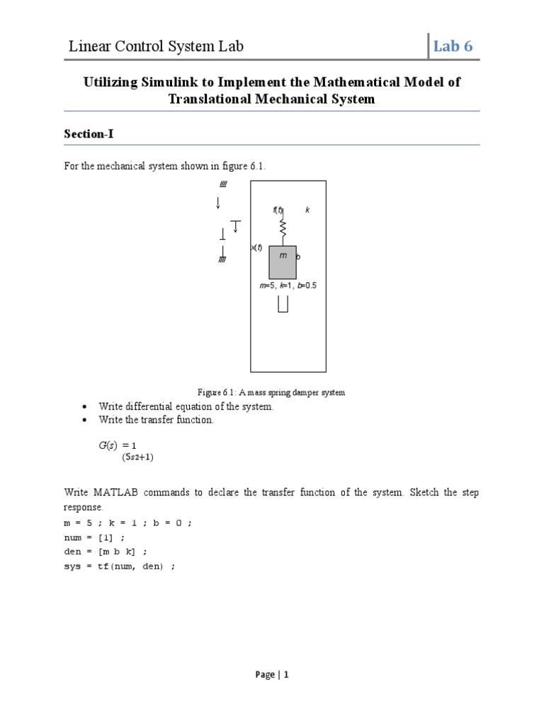 Linear Control System Lab Utilizing Simulink To Implement The Mathematical Model Of