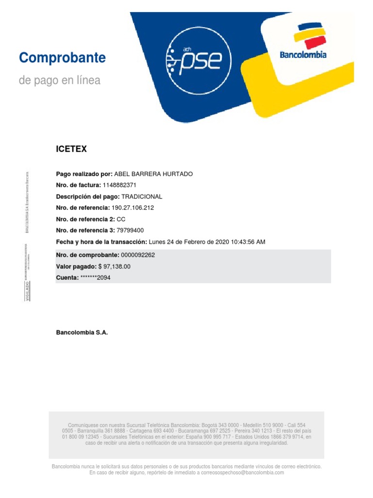 Comprobante de Pago Icetex 97500 para 5 de Marzo 2020 | PDF