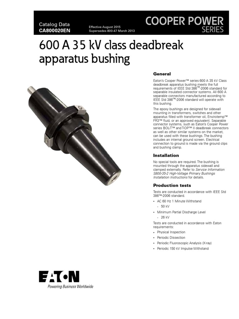 600 A 35 KV Class Deadbreak Apparatus Bushing: Cooper Power | PDF ...