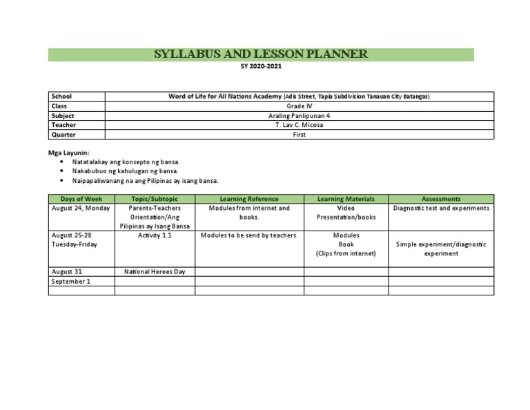 Syllabus and Lesson Planner | PDF