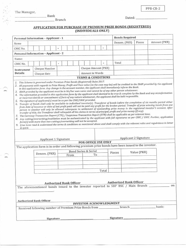 Premium Prize Bond Purchase Application | PDF | Money | Banking