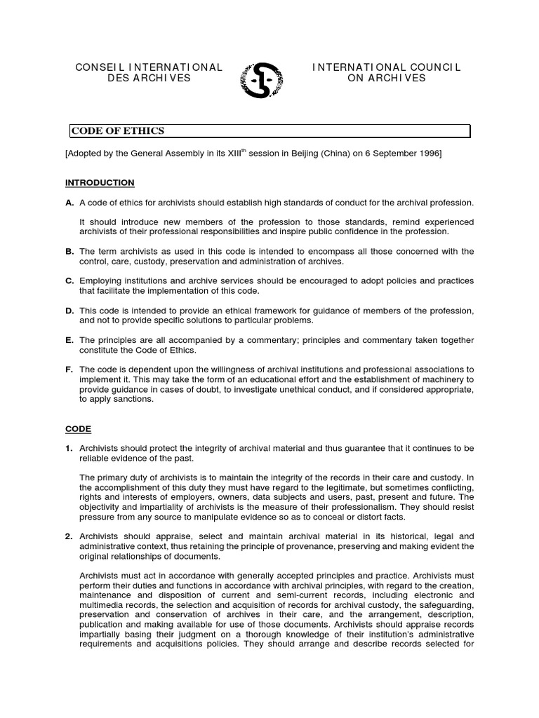 ICA - 1996-09-06 - Code of Ethics - EN PDF | PDF | Archivist | Archive