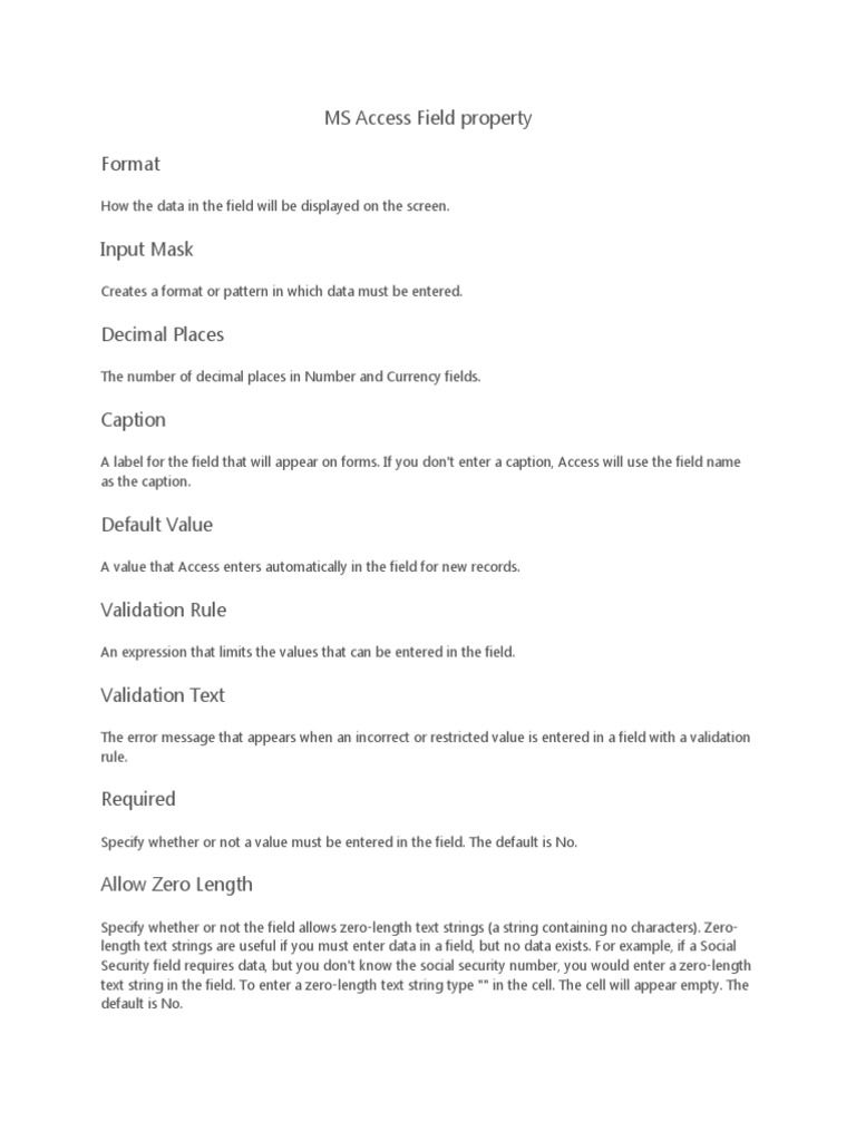 MS Access Field Properties Guide | PDF | String (Computer Science ...