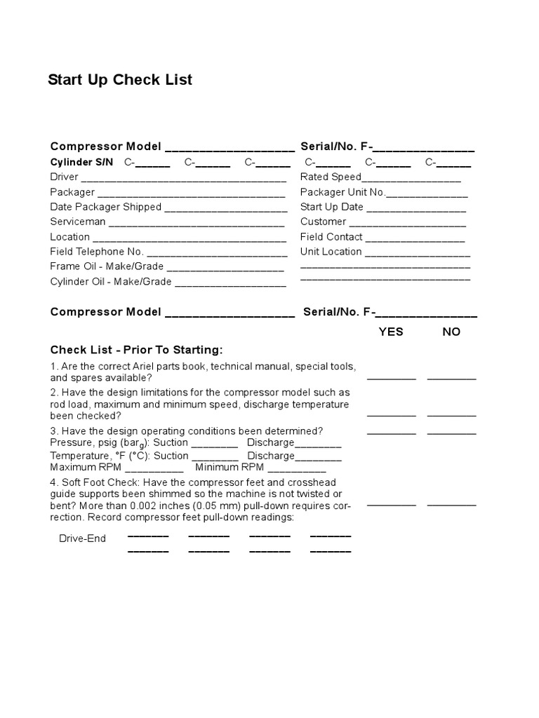 JGE Compressor Start-Up Checklist | PDF | Piston | Valve
