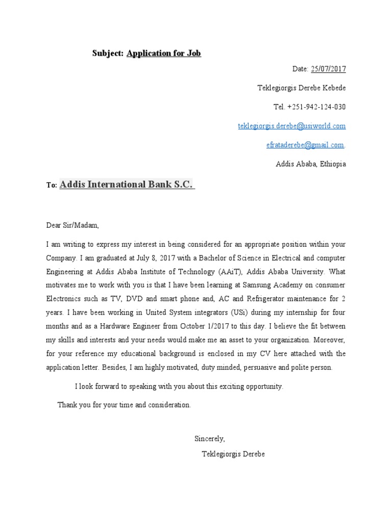 Addis International Bank S.C.: Subject: Application For Job | PDF ...