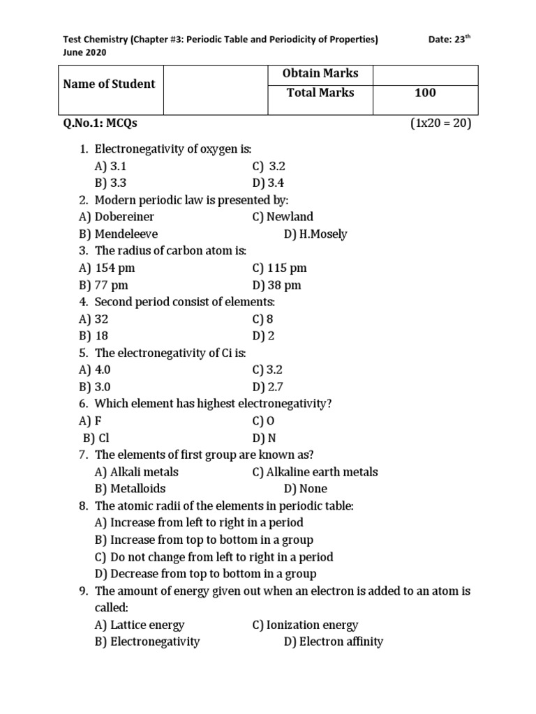 Class 9 Chemistry Chapter 3 Test | PDF | Periodic Table | Materials