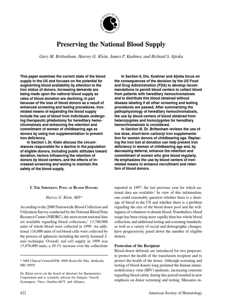 Preserving The National Blood Supply: Gary M. Brittenham, Harvey G ...