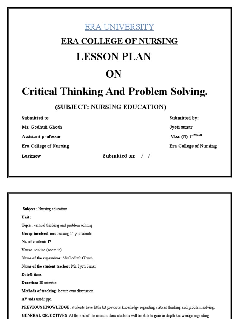 Lesson Plan ON Critical Thinking and Problem Solving.: Era College of ...