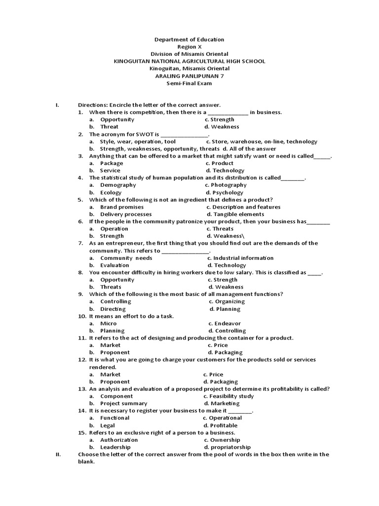 4th Quarter Exam Entrep 9 | PDF | Swot Analysis | Feasibility Study