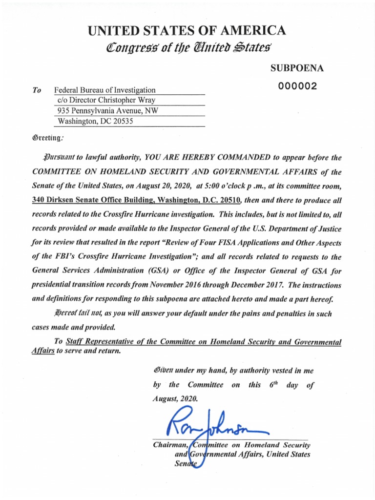 Ron Johnson Subpoena To FBI Director Wray | PDF