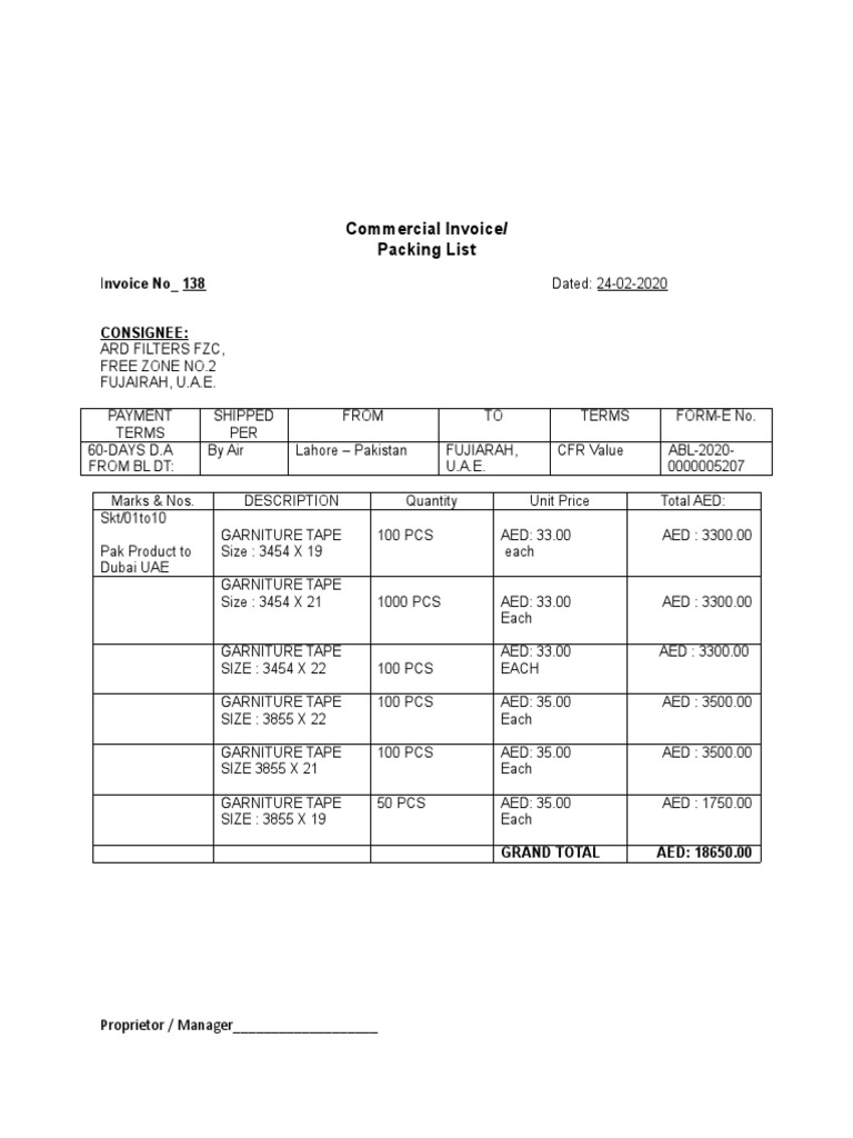 Commercial Invoice/ Packing List: Consignee | PDF