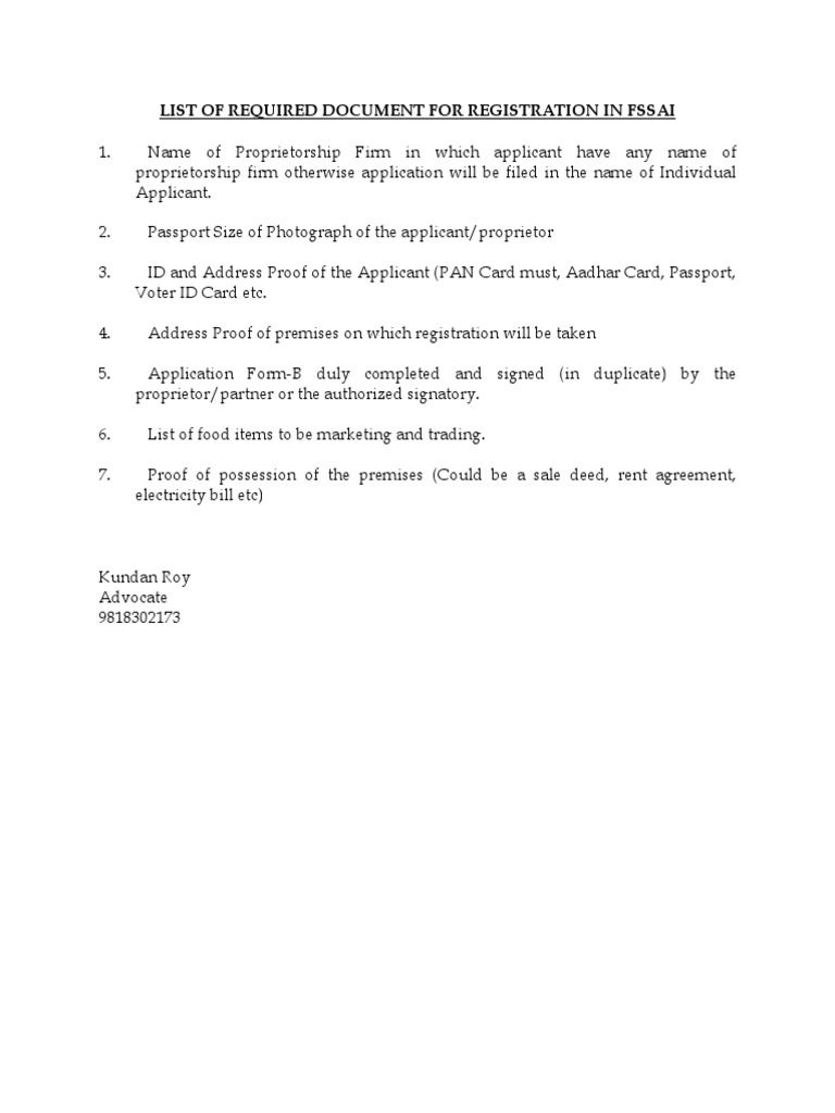 FSSAI Registration Required Documents | PDF