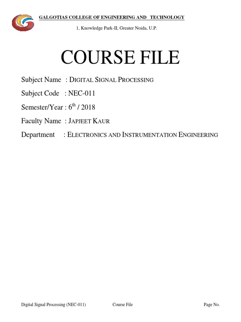Galgotias College Digital Signal Processing Course File | PDF | Engineering | Discrete Fourier ...