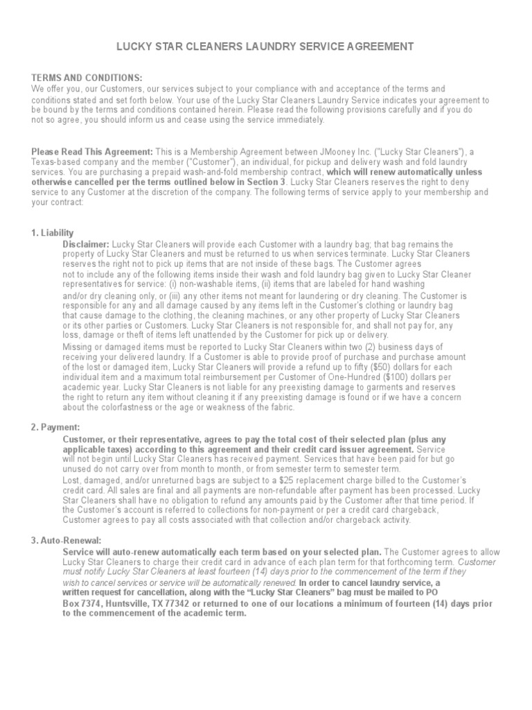 Lucky Star Cleaners Laundry Service Agreement | PDF | Laundry | Credit Card