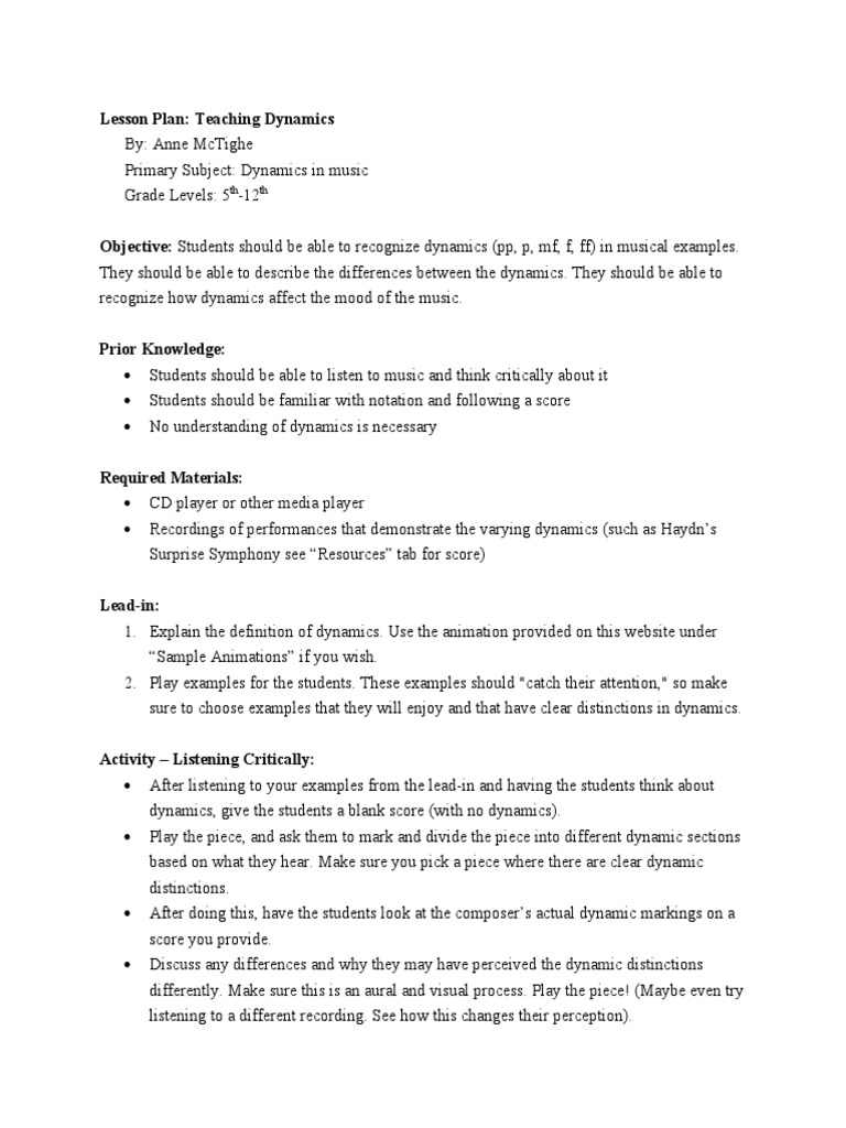 Lesson Plan - Dynamics | PDF | Lesson Plan | Perception
