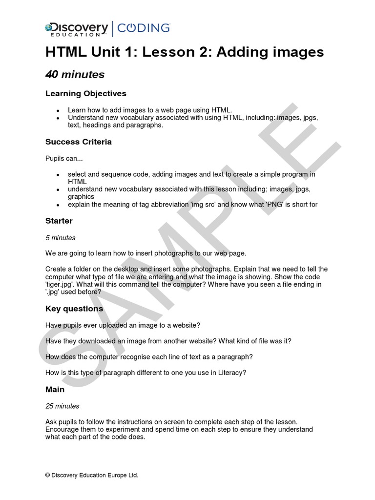 Discovery-Education-Coding HTML Lesson-Plan SAMPLE Adding-Images | PDF
