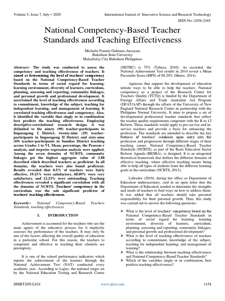 National Competency-Based Teacher Standards and Teaching Effectiveness | PDF | Teachers ...